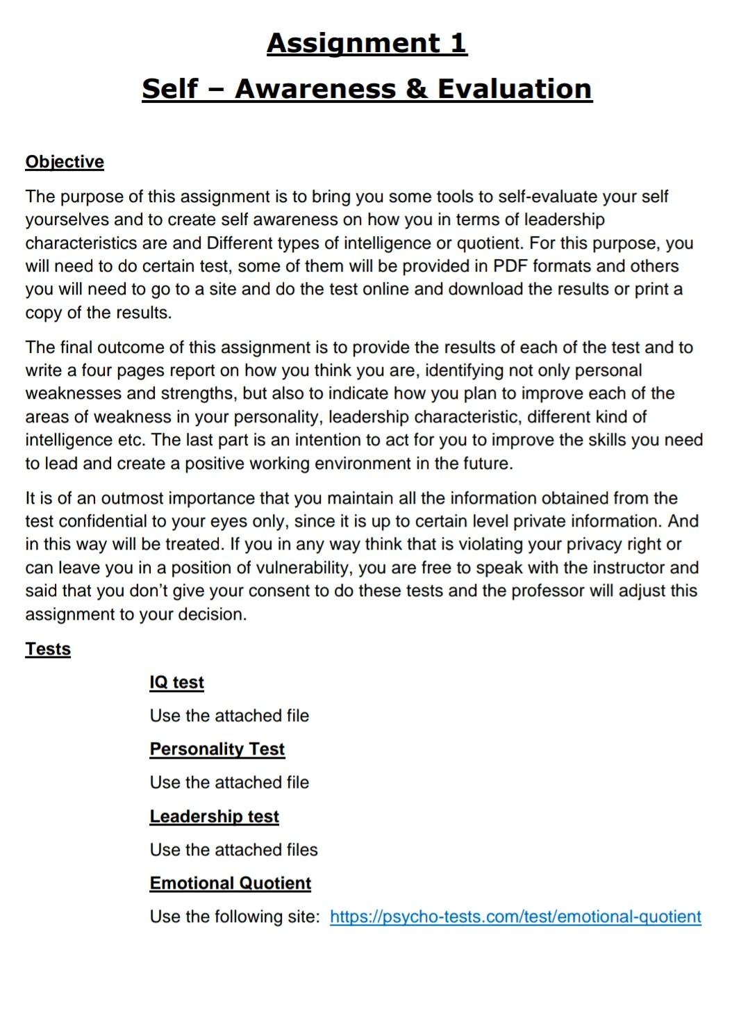 Assignment 1 Self - Awareness \& Evaluation Objective | Chegg.com