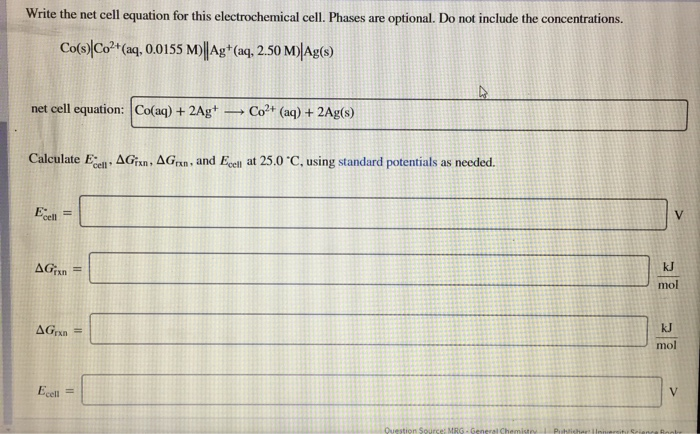 Solved Write the net cell equation for this electrochemical | Chegg.com