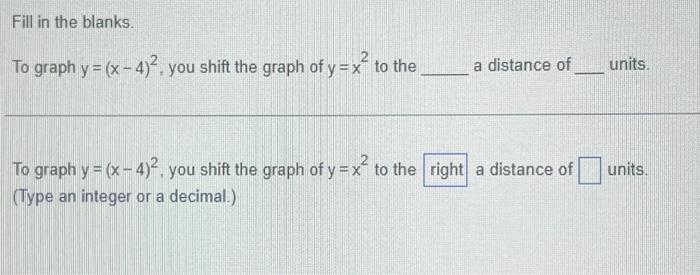 Solved Fill in the blanks. 2 To graph y = (x-4)², you shift | Chegg.com