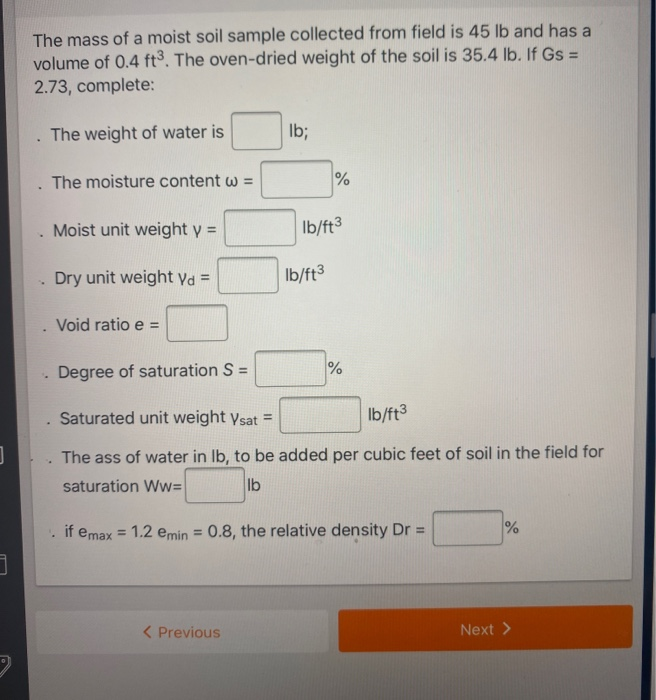 Solved The mass of a moist soil sample collected from field | Chegg.com