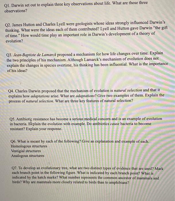 Solved Q1. Darwin set out to explain three key observations | Chegg.com