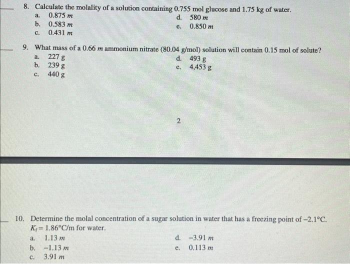 Solved 8. Calculate the molality of a solution containing | Chegg.com
