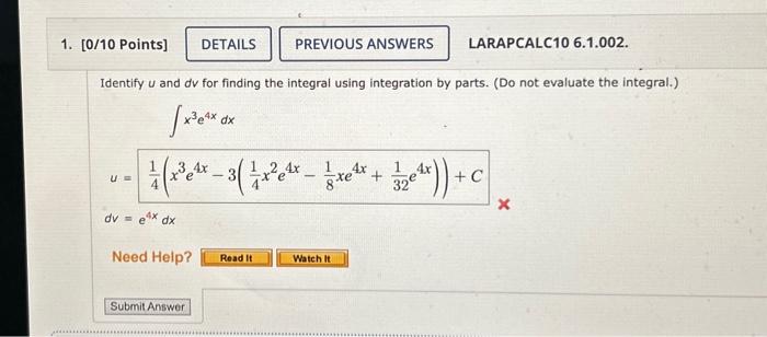 Solved 1. [0/10 Points ] LARAPCALC10 6.1.002. Identify u and | Chegg.com