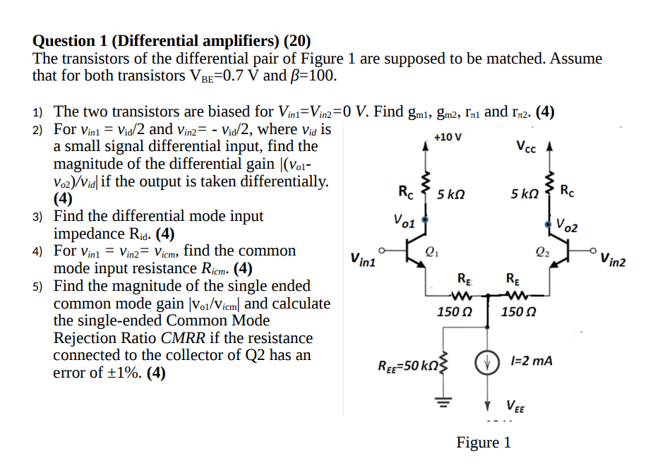 Solved Question 1 (Differential amplifiers) (20)The | Chegg.com