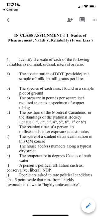 Solved IN CLASS ASSIGNMENT # 1- Scales of Measurement, | Chegg.com