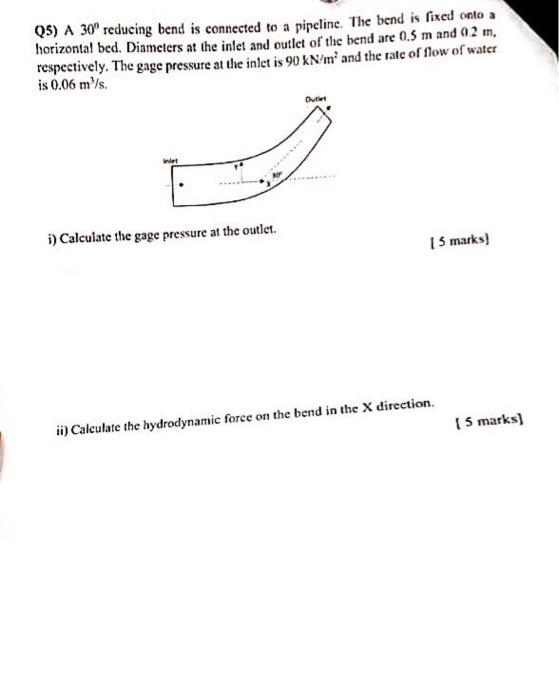 Solved QS) A 30° reducing bend is connected to a pipeline. | Chegg.com