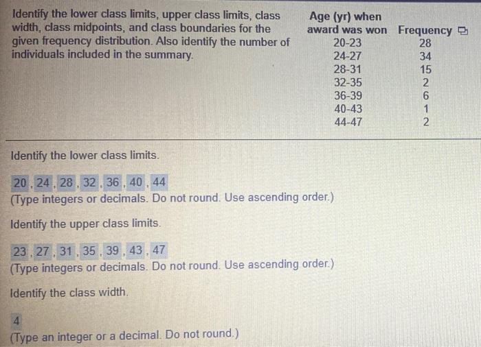 Solved Identify the class boundries.Then use the class width | Chegg.com