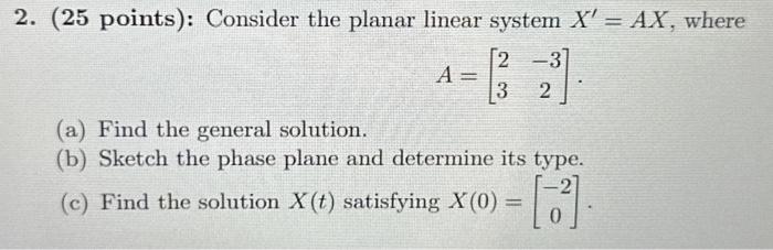 Solved (25 points): Consider the planar linear system X′=AX, | Chegg.com