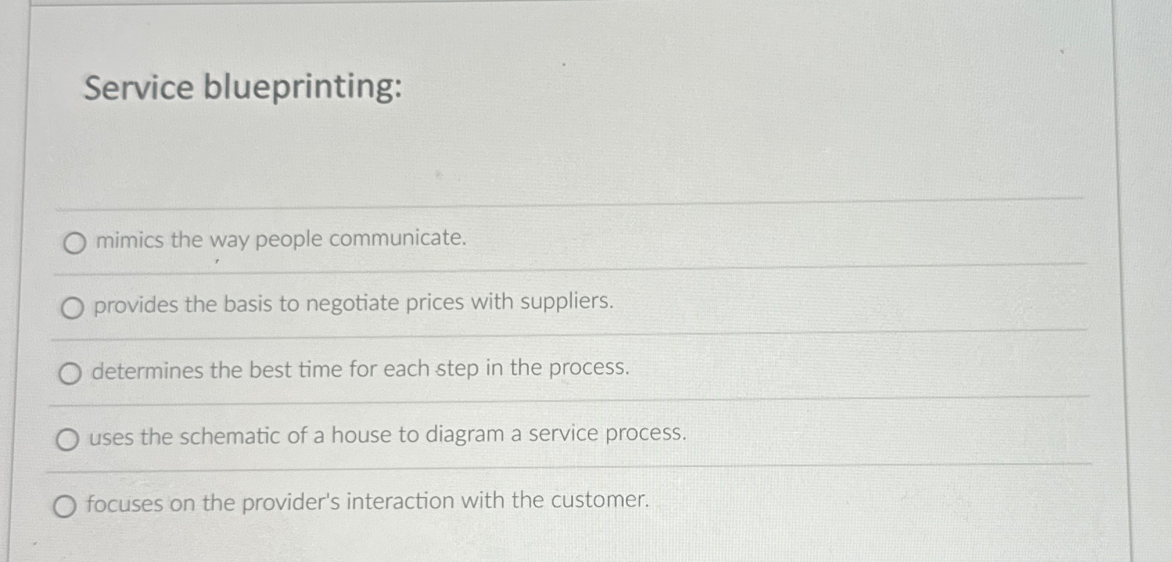 Solved Service blueprinting:mimics the way people | Chegg.com