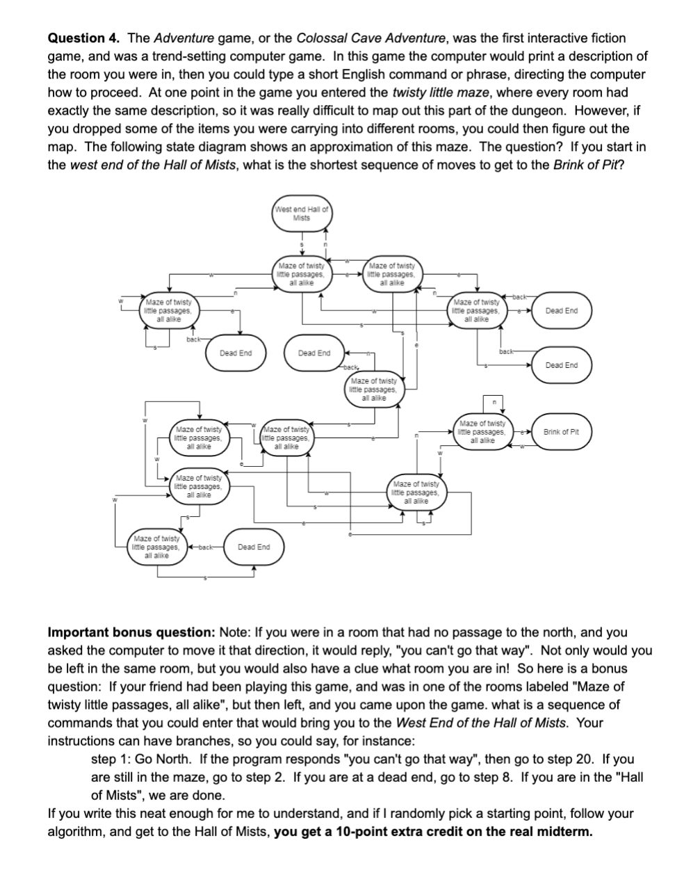Solved Question 4. ﻿The Adventure game, or the Colossal Cave | Chegg.com