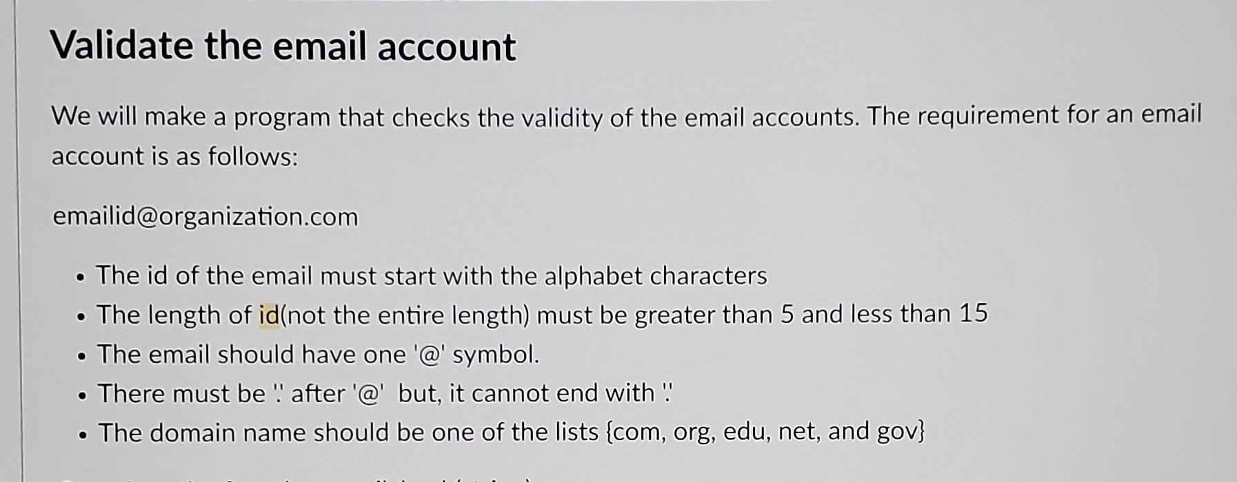 Solved Validate the email account We will make a program | Chegg.com