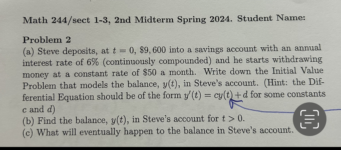 Solved Math 244/sect 1-3, 2nd Midterm Spring 2024. ﻿Student | Chegg.com