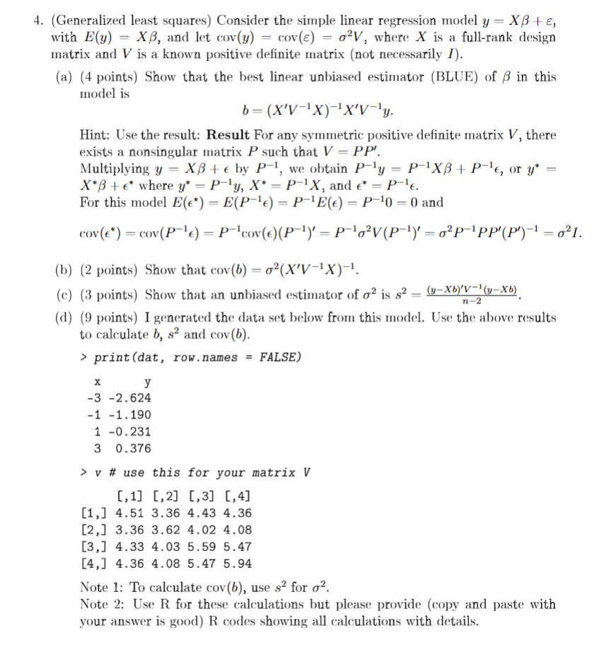 Solved (Generalized least squares) ﻿Consider the simple | Chegg.com
