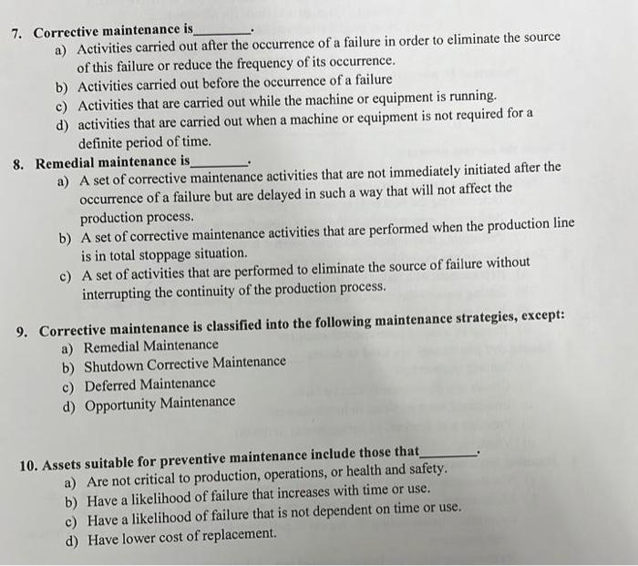 Solved 1. Predictive maintenance involves a) Determining the | Chegg.com