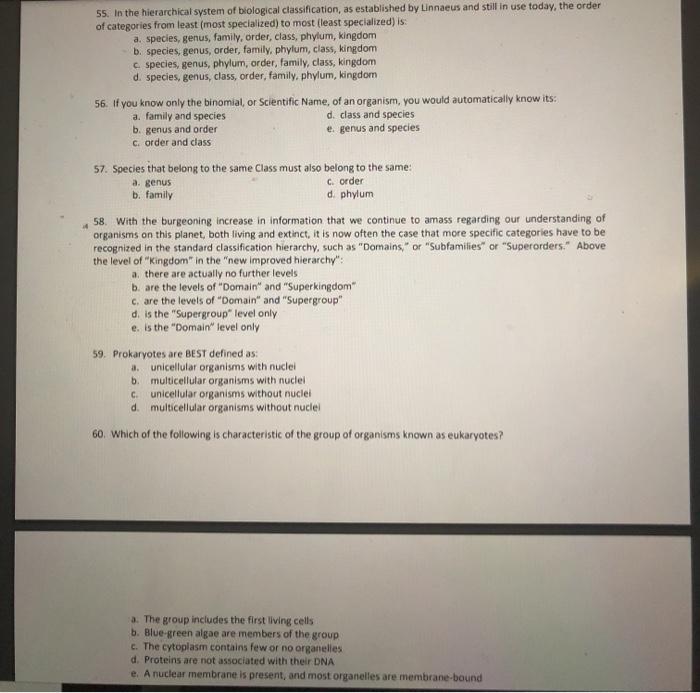 Solved 55. In the hierarchical system of biological | Chegg.com