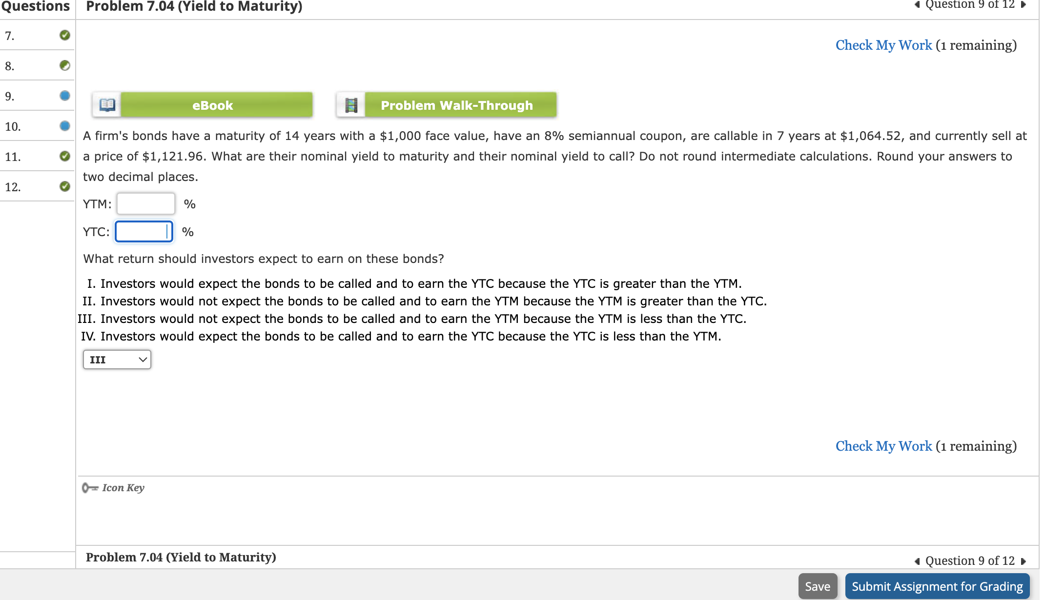 Solved Questions Problem 7.04 (Yield to Maturity)Check My | Chegg.com