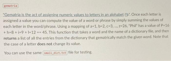 Solved def gematria(word_to_match, filename): nnn. Takes a | Chegg.com