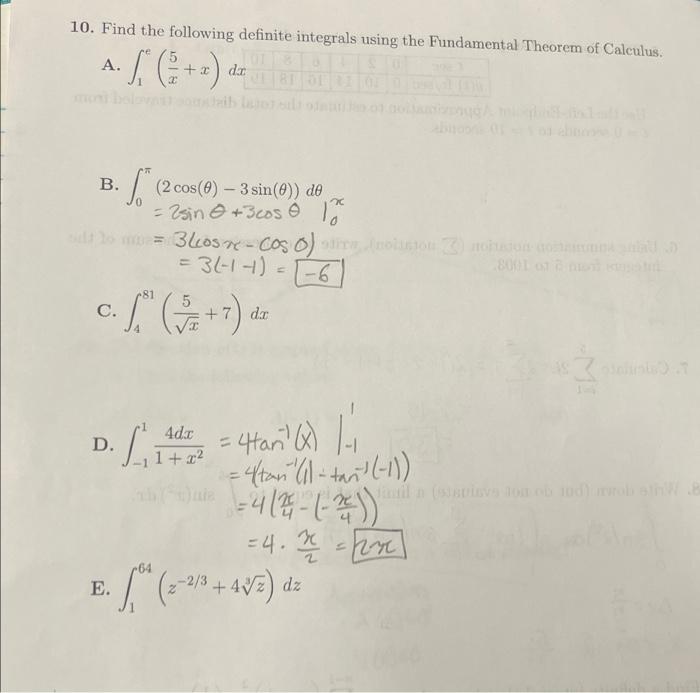 Solved 10. Find the following definite integrals using the | Chegg.com