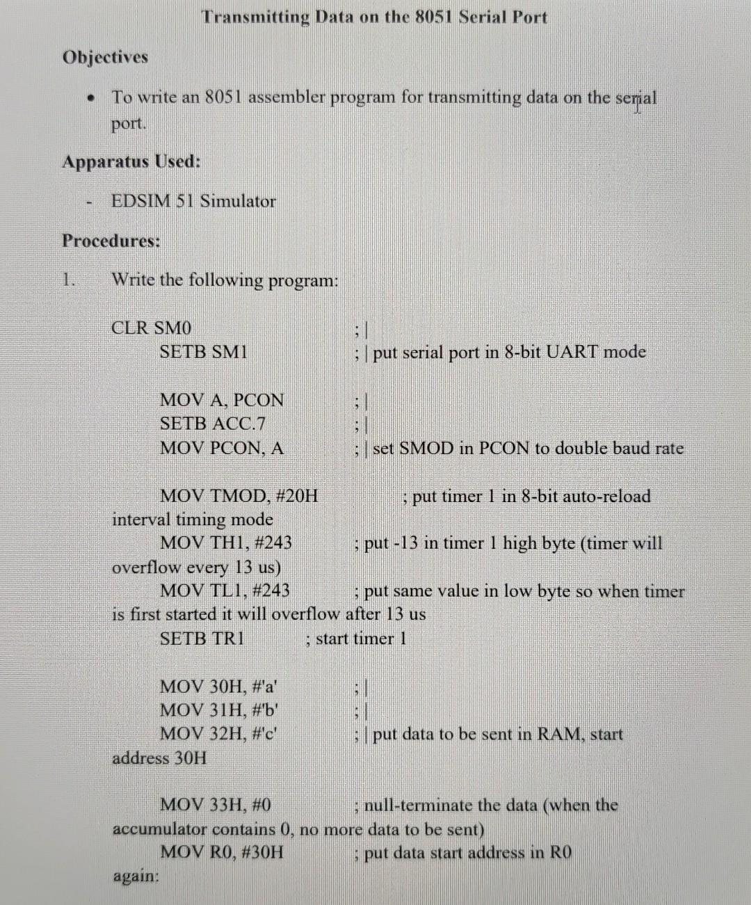 Solved Transmitting Data on the 8051 Serial Port Objectives | Chegg.com