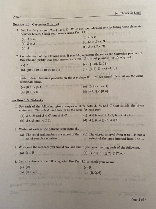 Solved Set Theory & Logic Name: Section 1.2: Cartesian | Chegg.com