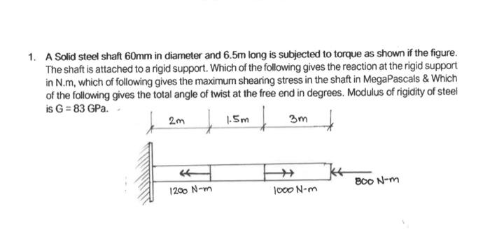 Solved 1. A Solid steel shaft 60mm in diameter and 6.5m long | Chegg.com
