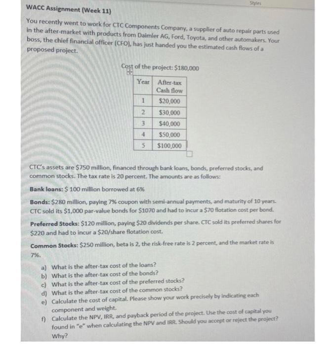 Solved WACC Assignment (Week 11) You recently went to work | Chegg.com