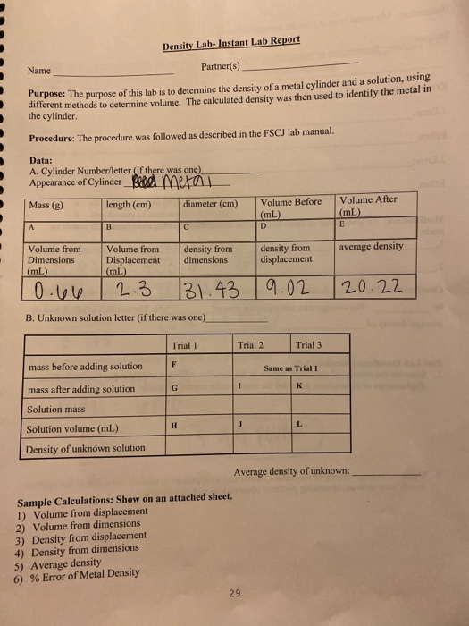 Density Lab- Instant Lab Report Name Partner(s) | Chegg.com