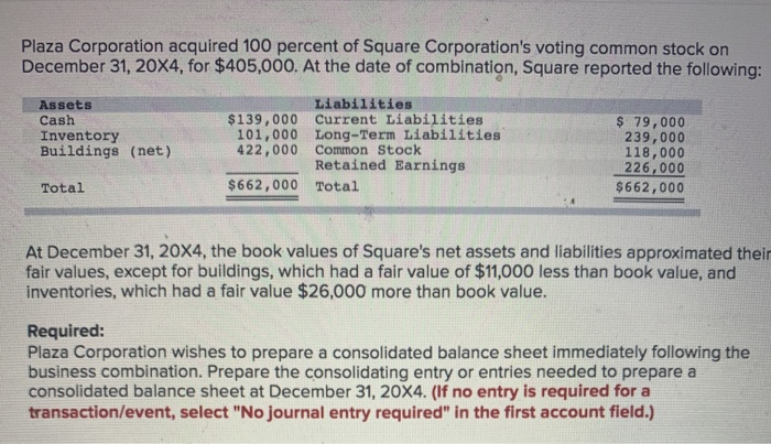 Solved Plaza Corporation acquired 100 percent of Square | Chegg.com