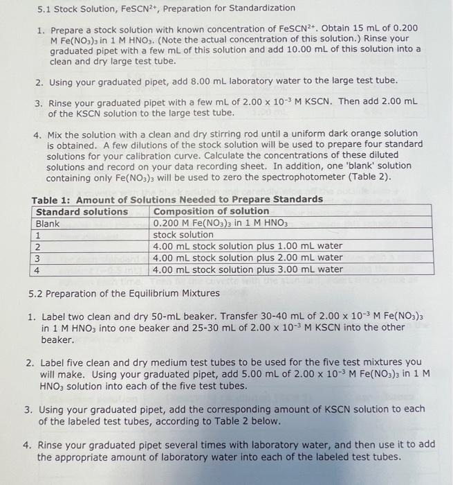 Solved 5.1 Stock Solution, FeSCN 2+, Preparation for | Chegg.com