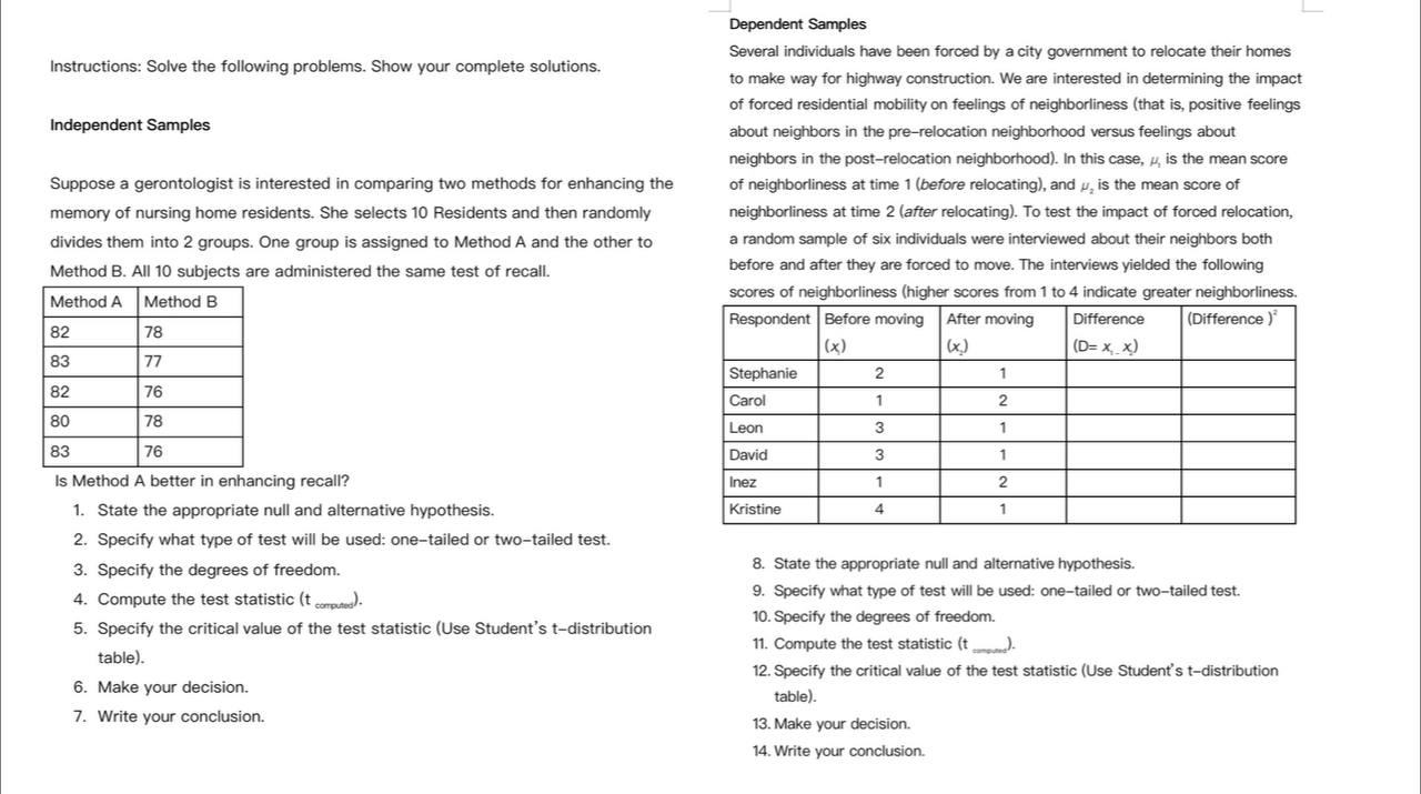 Solved Dependent SamplesInstructions: Solve the following | Chegg.com