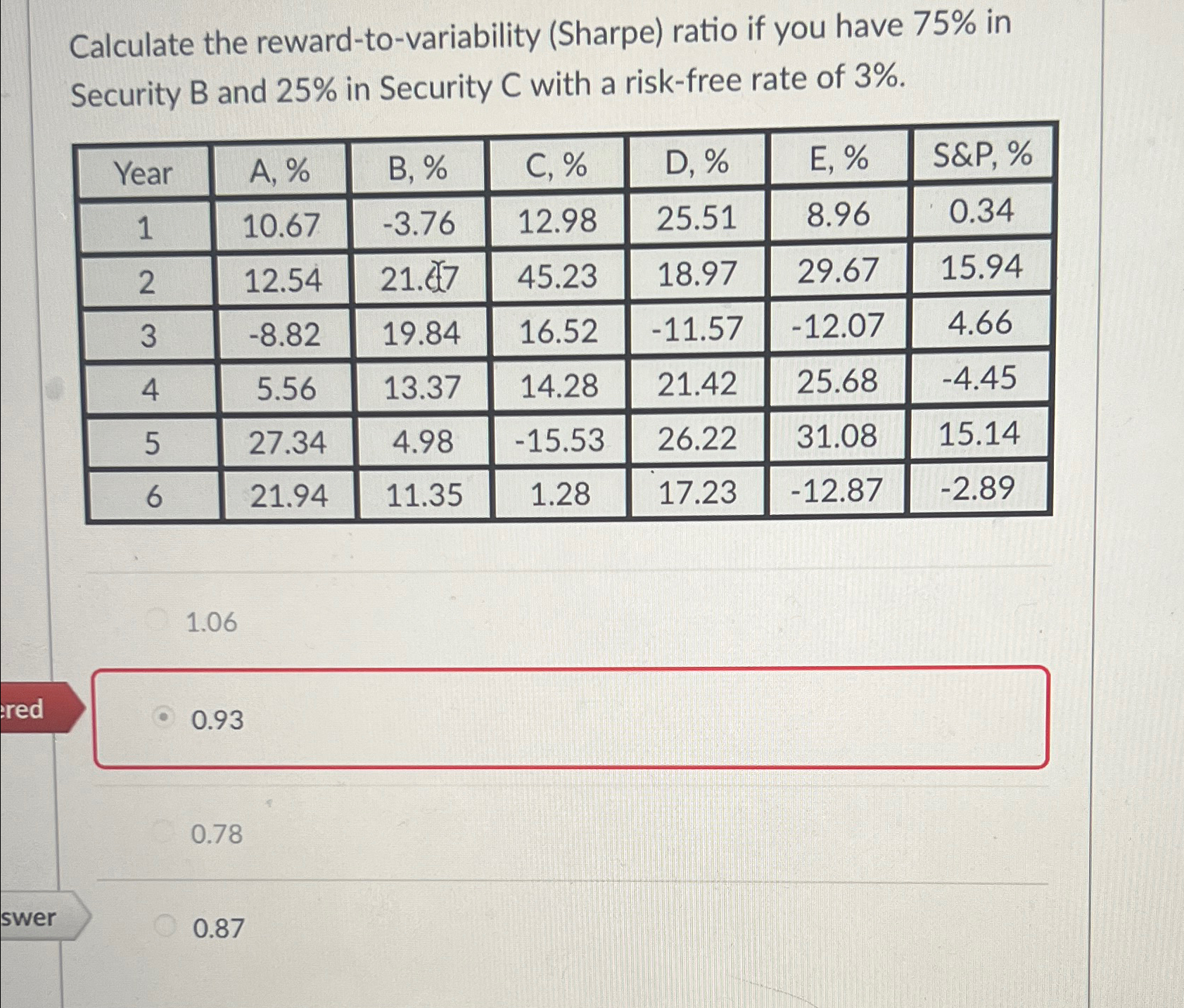 Solved Calculate the reward-to-variability (Sharpe) ﻿ratio | Chegg.com
