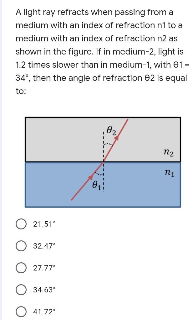 Solved A light ray refracts when passing from a medium with | Chegg.com