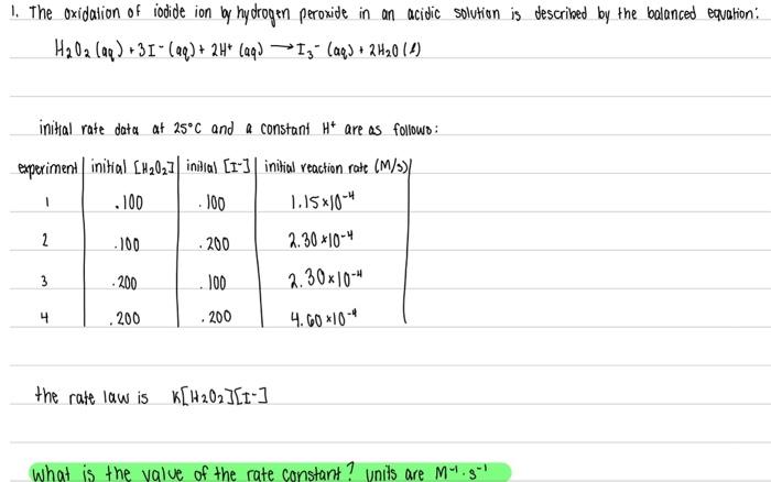 Solved 1. The oxidation of iodide ion by hydrogen peroxide | Chegg.com