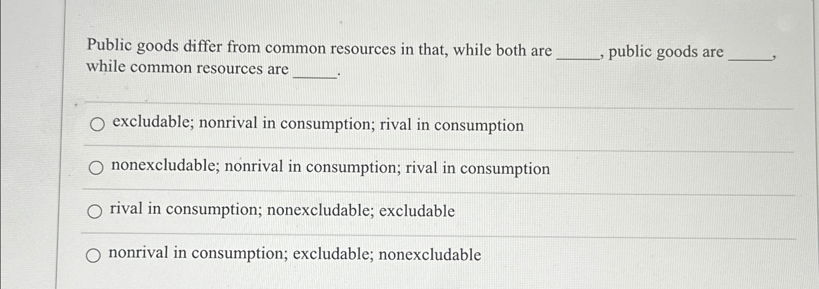 Solved Public goods differ from common resources in that, | Chegg.com