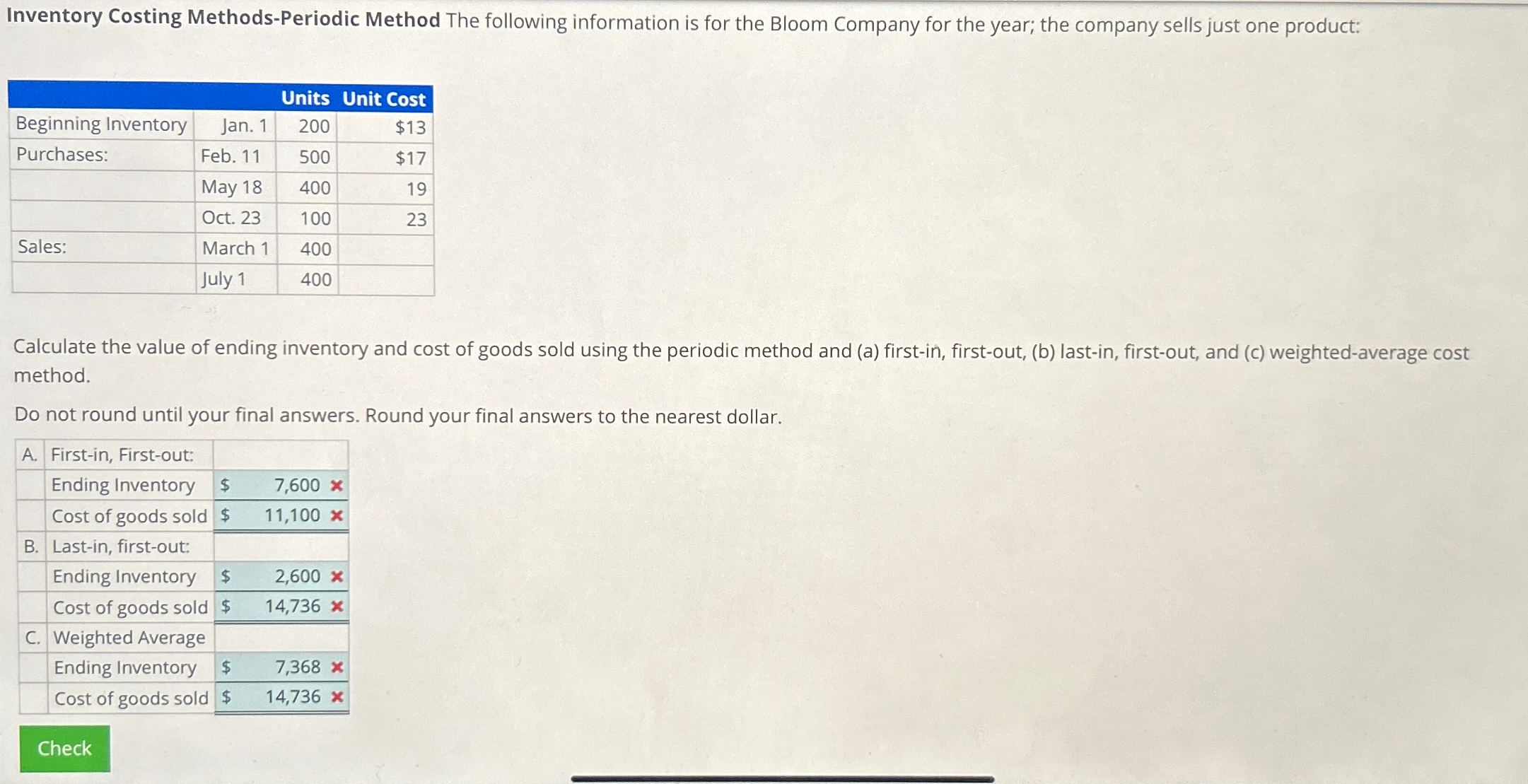 Solved Inventory Costing Methods-Periodic Method The | Chegg.com