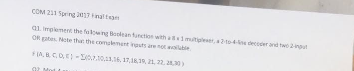 Solved COM 211 Spring 2017 Final Exam Q1. Implement the | Chegg.com