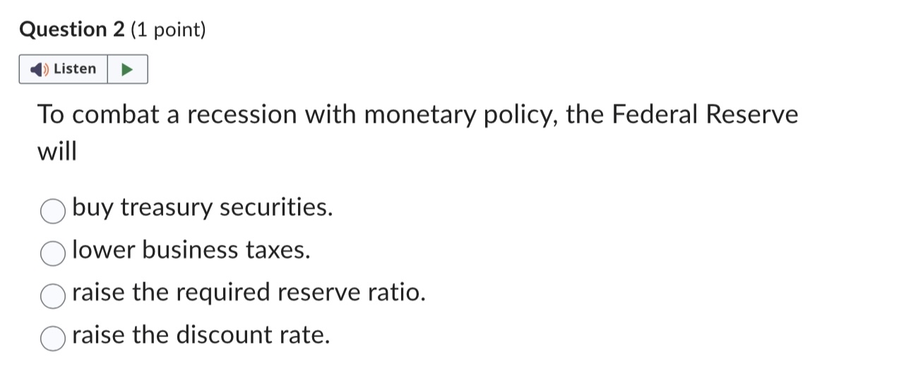 Solved Question 2 (1 ﻿point)To combat a recession with | Chegg.com
