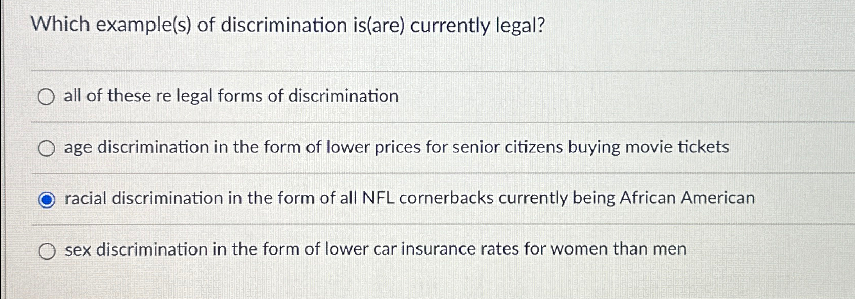 Solved Which example(s) ﻿of discrimination is(are) | Chegg.com