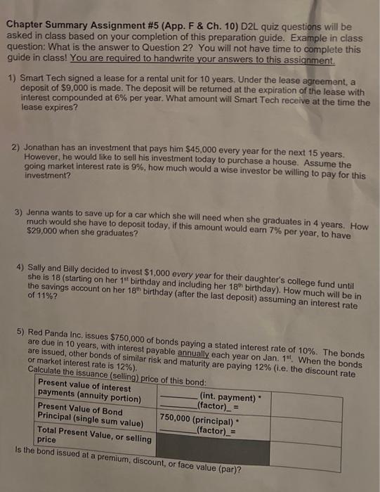 Chapter Summary Assignment \#5 (App. F \& Ch. 10) D2L | Chegg.com
