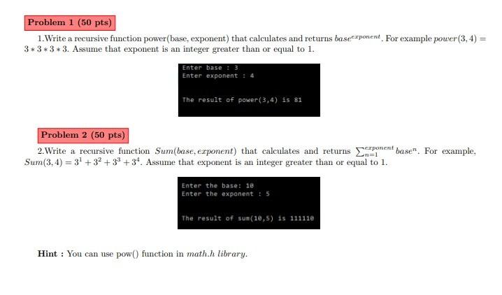 Solved Problem 1 (50 pts) 1. Write a recursive function | Chegg.com