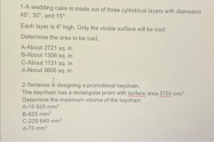 Solved 1-A wedding cake is made out of three cylindrical | Chegg.com