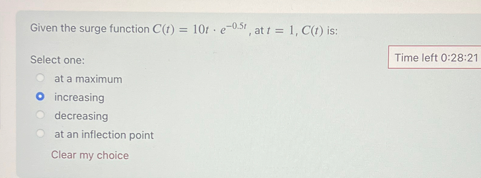Solved Given the surge function C(t)=10t*e-0.5t, ﻿at | Chegg.com