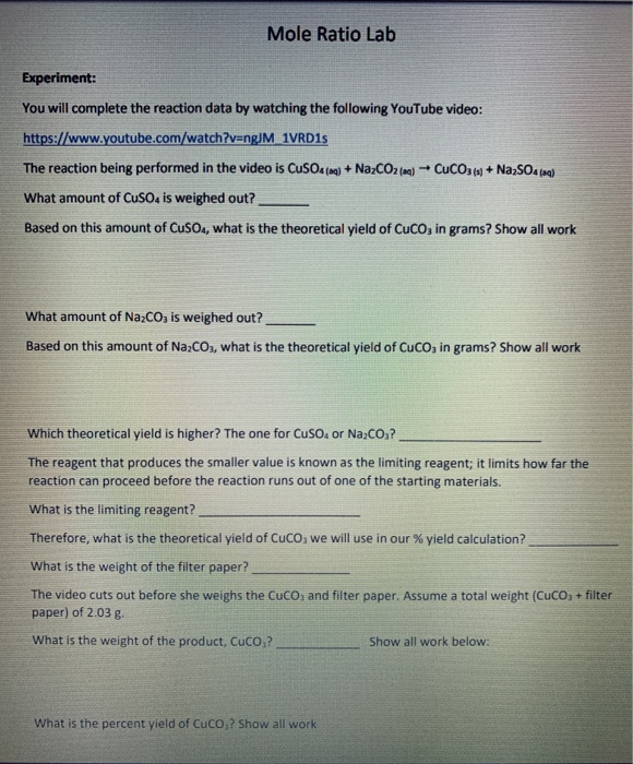 Solved Mole Ratio Lab Mole Ratio Practice: 4 NH3 + 302 - | Chegg.com