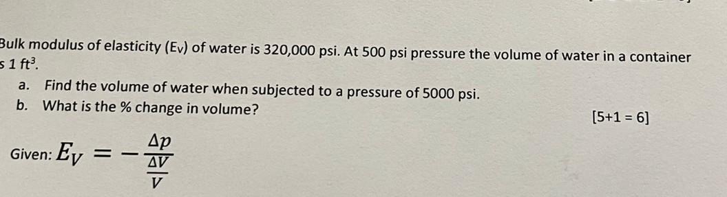 Solved ulk modulus of elasticity (Ev) of water is 320,000 | Chegg.com