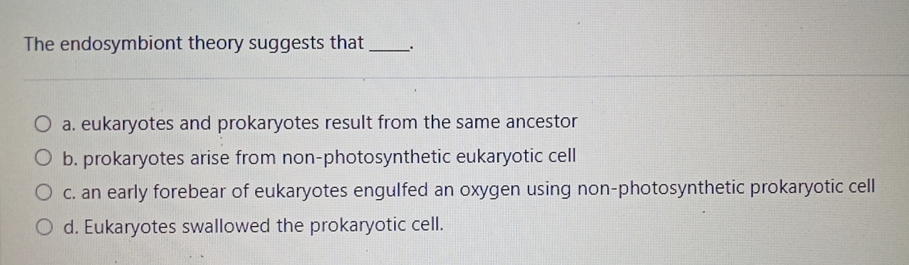 Solved The endosymbiont theory suggests thata. ﻿eukaryotes | Chegg.com