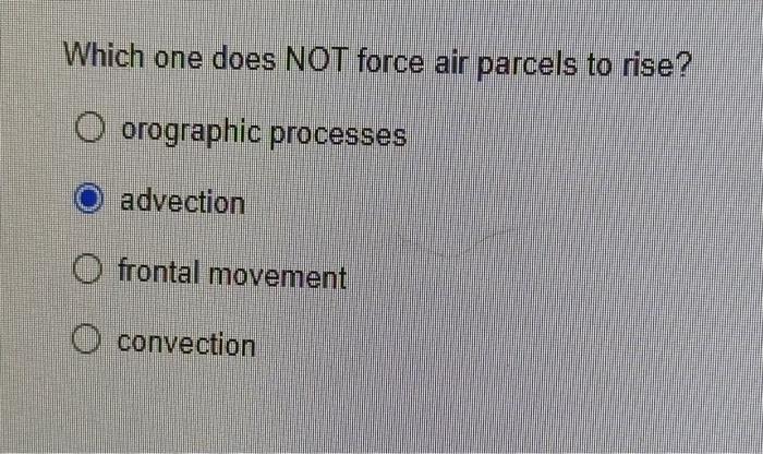 Solved Which one does NOT force air parcels to rise? | Chegg.com