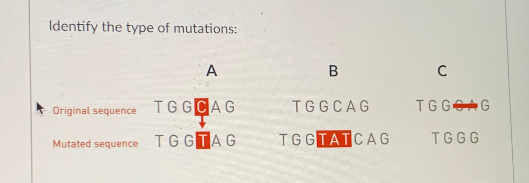 Solved Identify the type of mutations:ABCOriginal sequenceT | Chegg.com