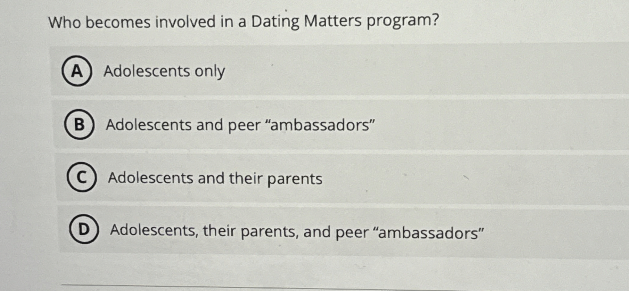 Solved Who becomes involved in a Dating Matters | Chegg.com