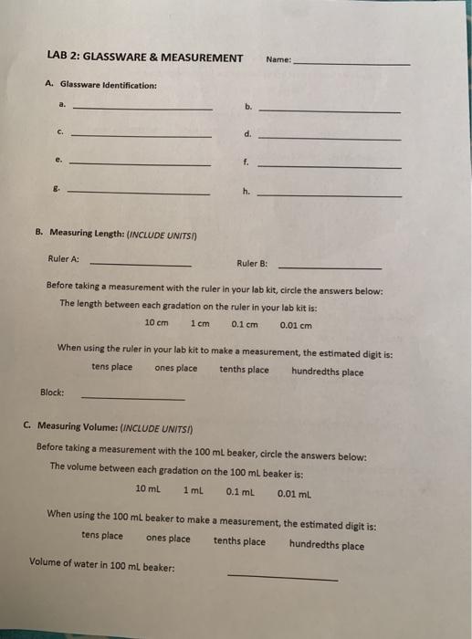 LAB 2: GLASSWARE & MEASUREMENT Name: A. Glassware | Chegg.com