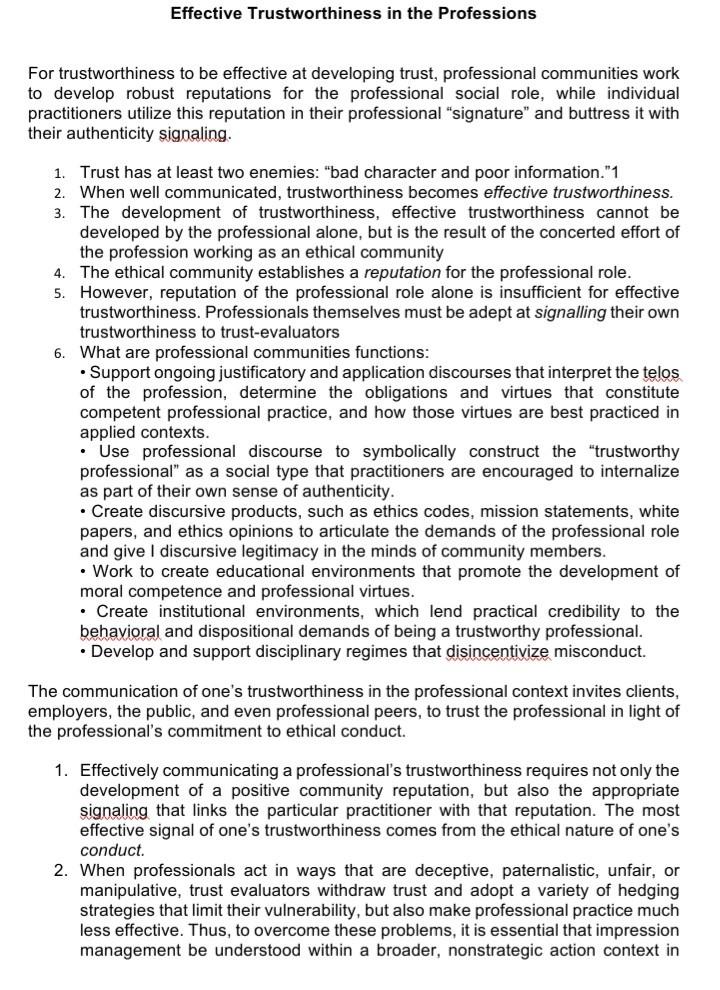 Effective Trustworthiness in the Professions For | Chegg.com